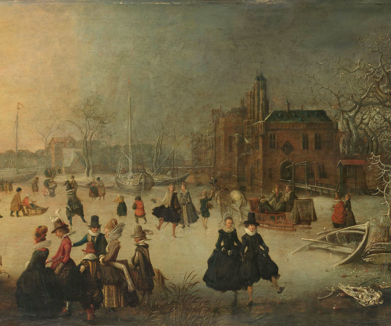 Adam van Breen, landschap met een bevroren gracht, schaatsers en een ...